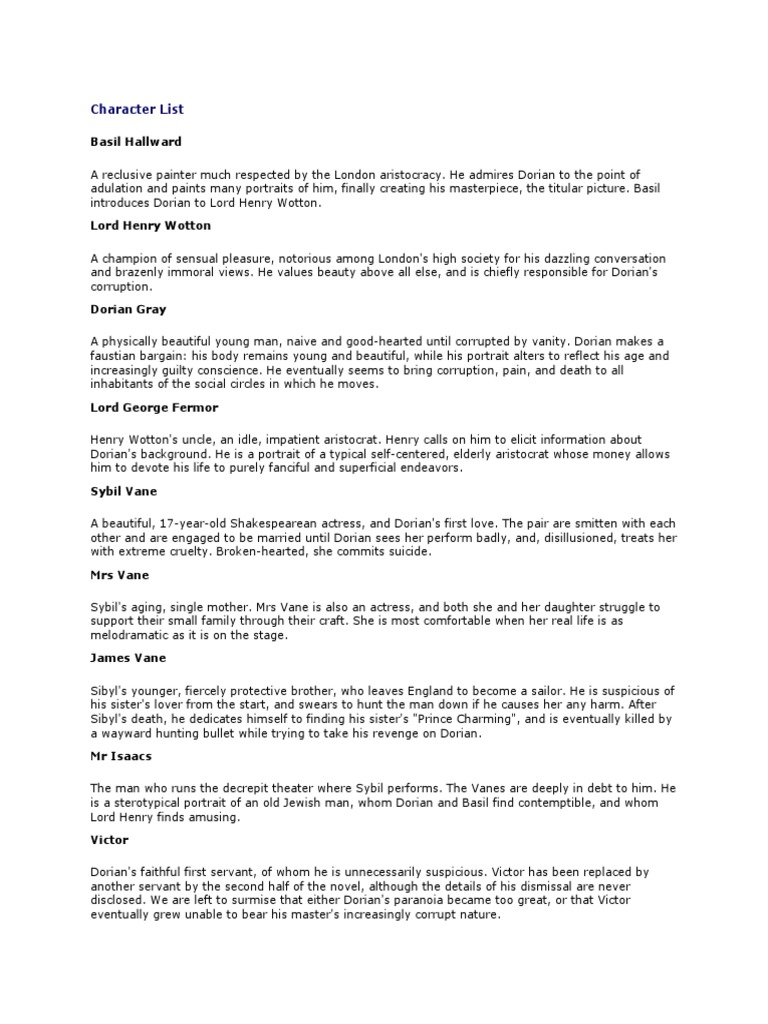 Dorian Gray Character Overview | PDF | The Picture Of Dorian Gray