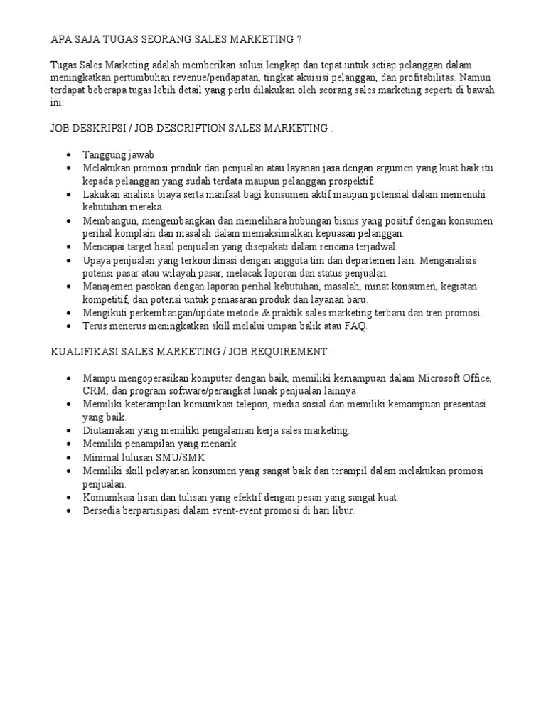 Jobdesk Sales Marketing | PDF