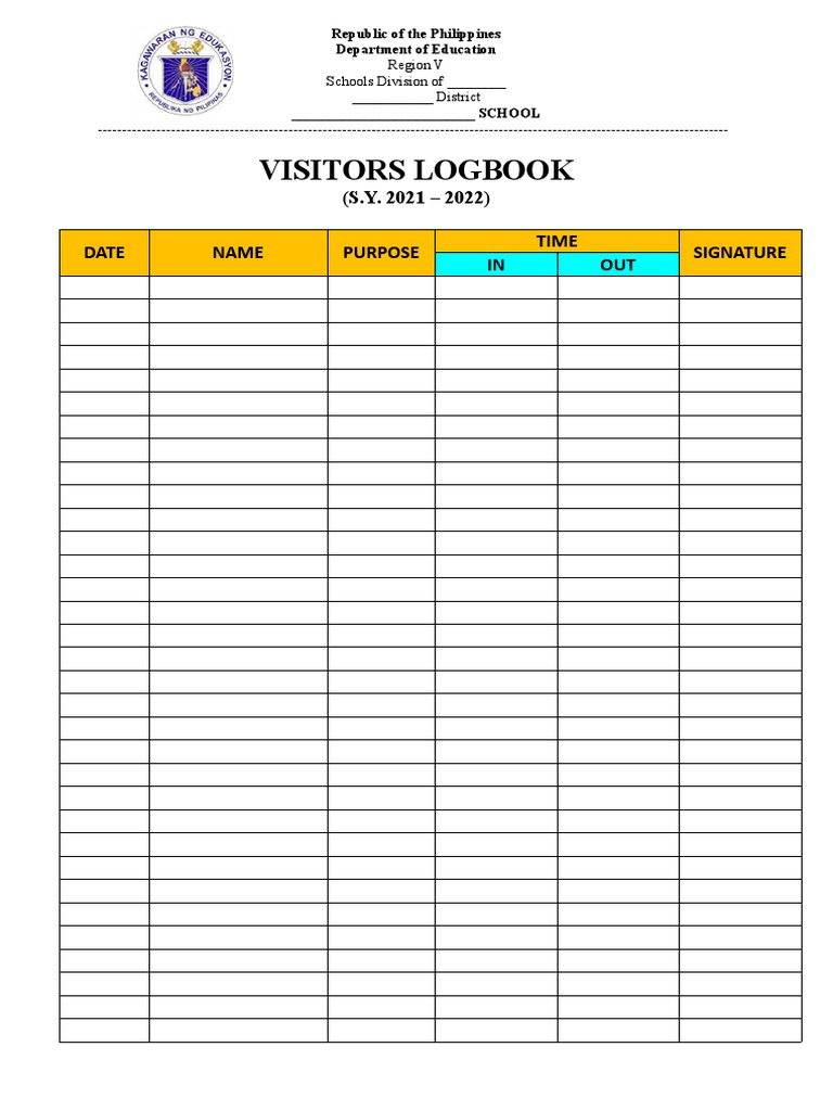 Visitors Logbook: (S.Y. 2021 - 2022) Time Signature IN OUT | PDF