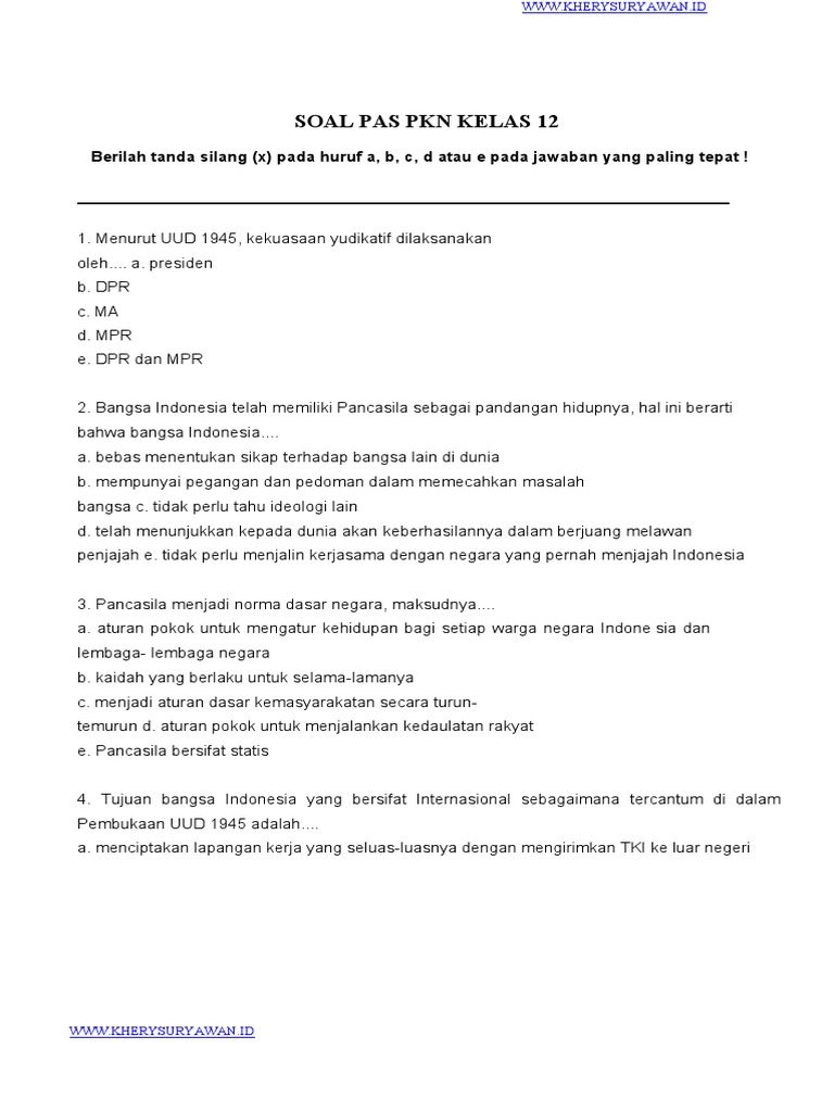 1-Soal PAS PKN Kelas 12 - WWW - Kherysuryawan.id | PDF