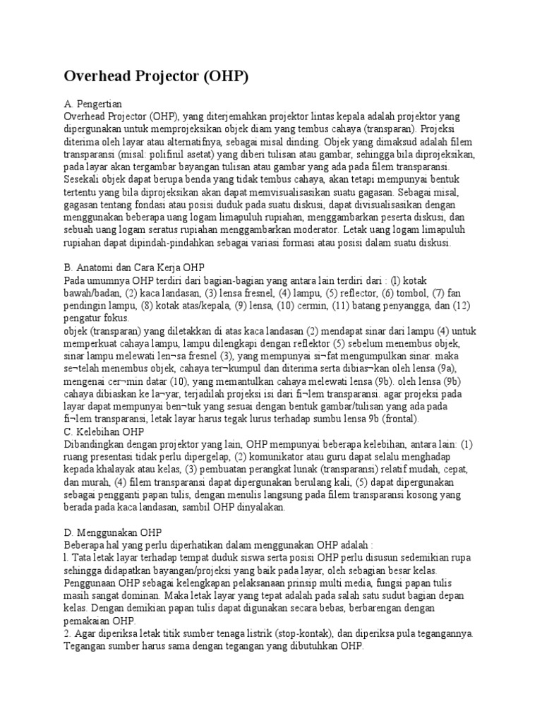 Overhead Projector (OHP): Sebuah Panduan Penggunaan dan Produksi Transparansi | PDF