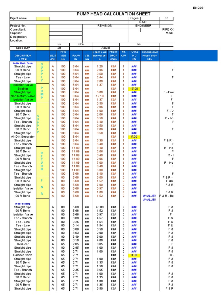 Pump Head Calculation Sheet | PDF | Pump | Building Engineering