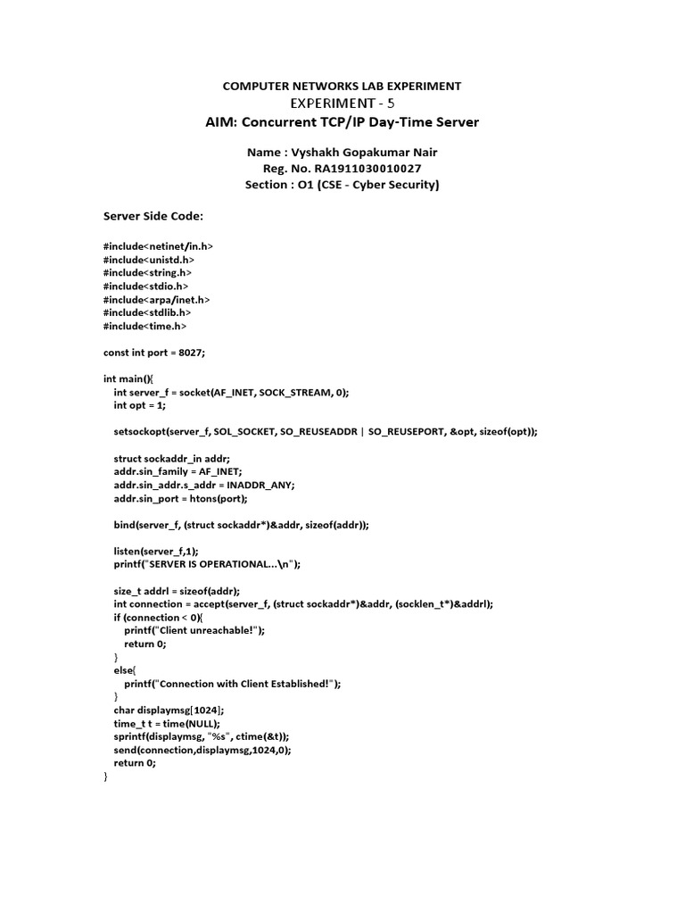 AIM: Concurrent TCP/IP Day-Time Server: Experiment - 5 | PDF