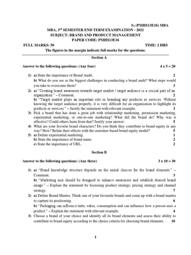 MBA Brand and Product Management Exam | PDF | Brand | Marketing