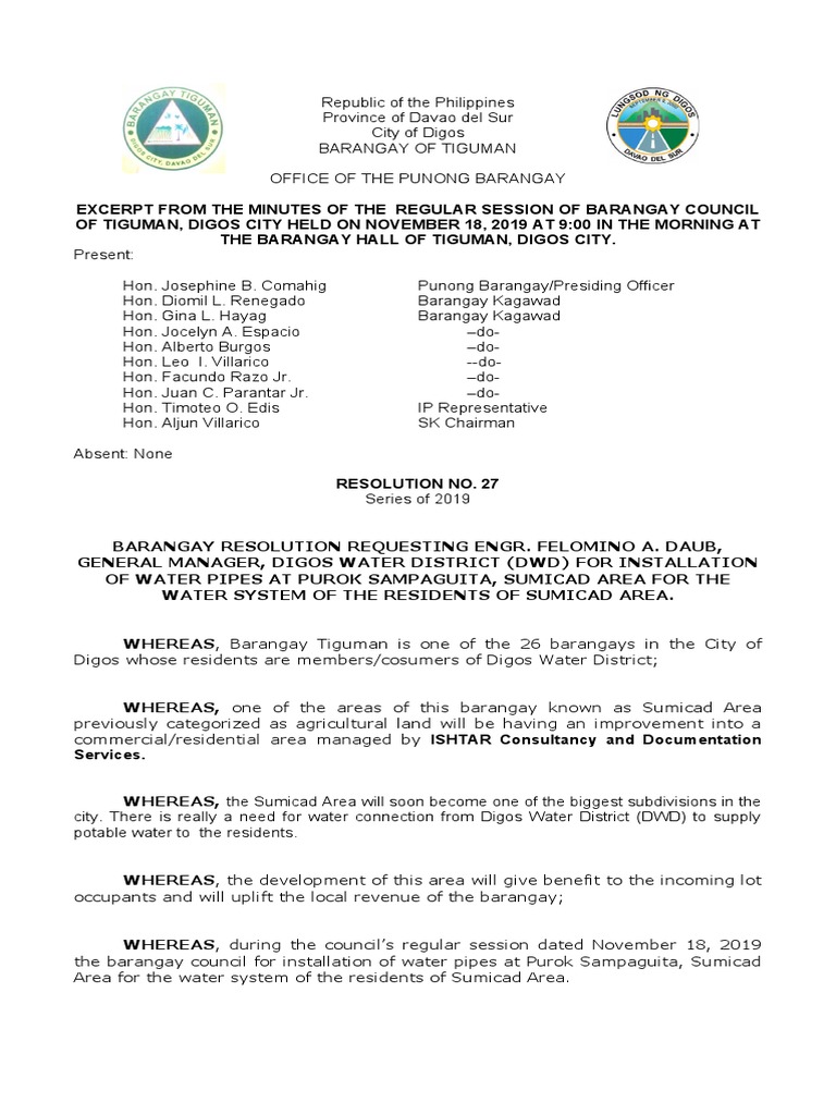 27 Resolution (Water Installation at Sumicad Area 2019) | PDF | Water ...