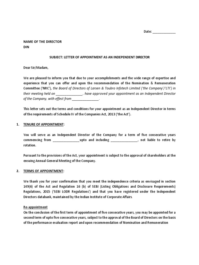 Independent Directors Appointment Letter | PDF | Board Of Directors ...