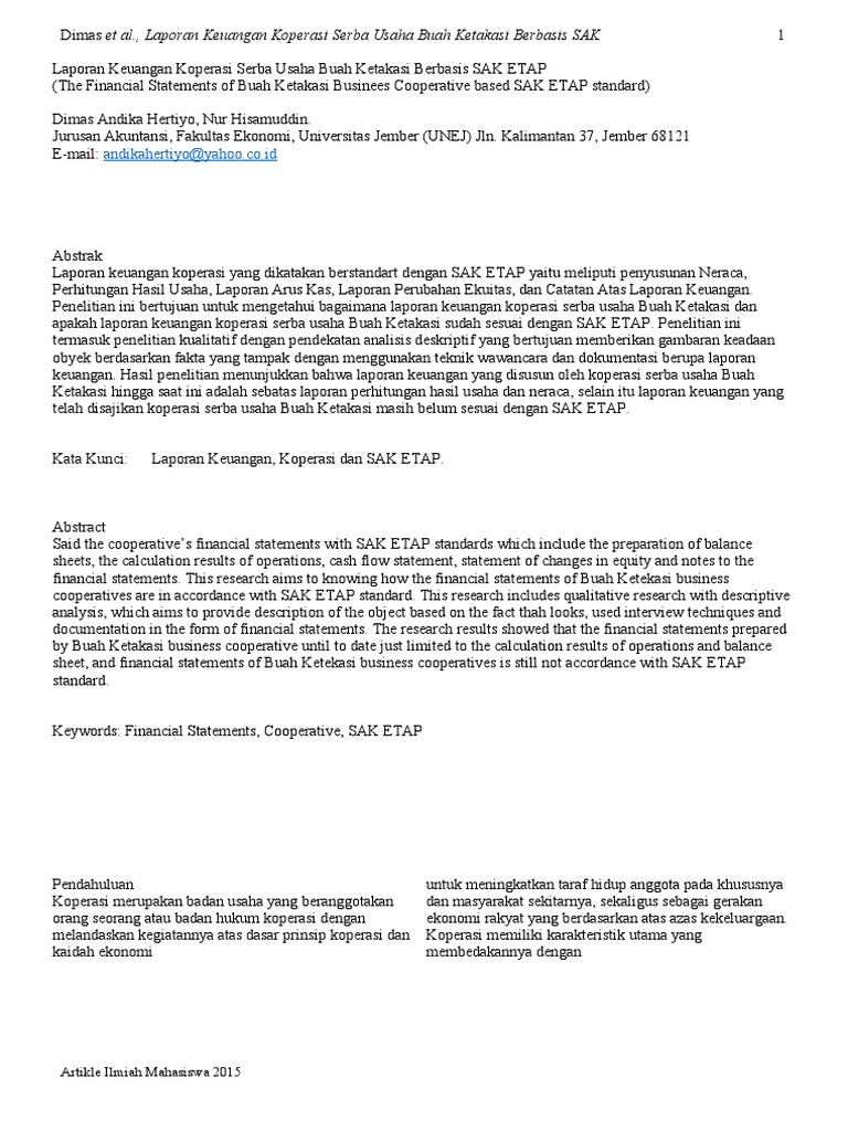 Laporan Keuangan Koperasi Serba Usaha Buah Ketakasi Berbasis SAK ETAP | PDF