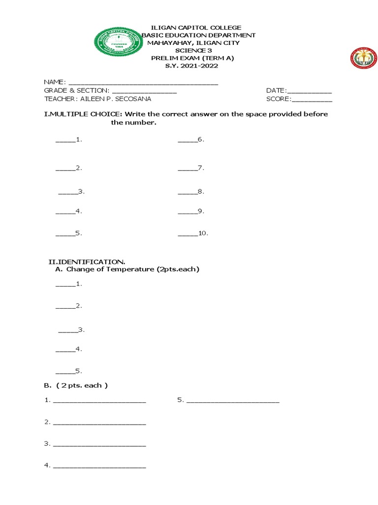 Grade 3 Prelim Exam Answer Sheets | PDF