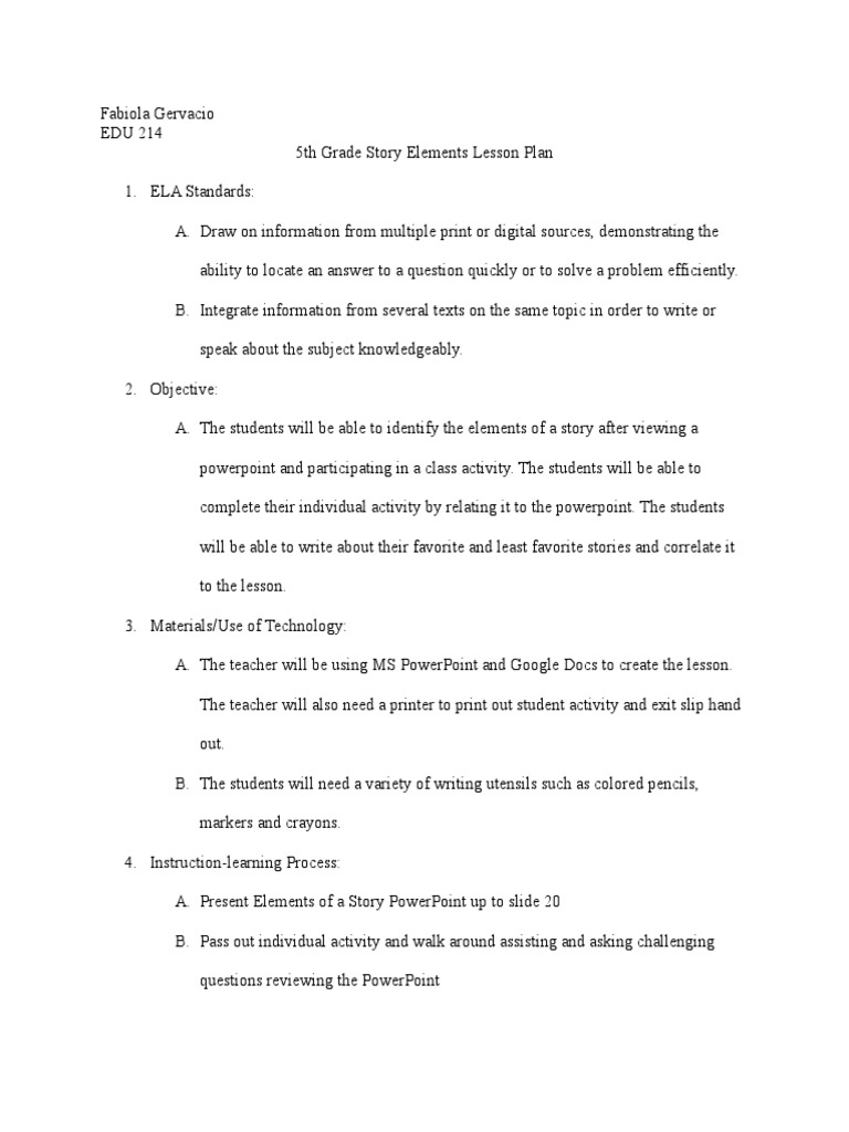 5th Grade Story Elements Lesson Plan | PDF | Career & Growth