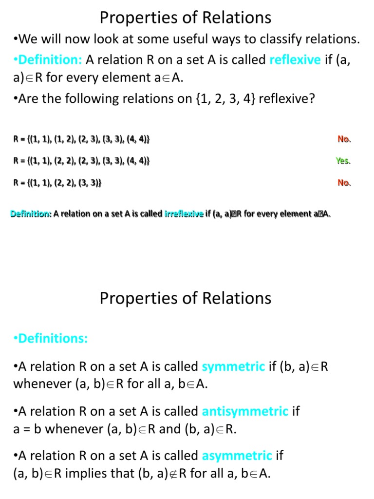 Properties of Relations | PDF | Function (Mathematics) | Mathematical ...