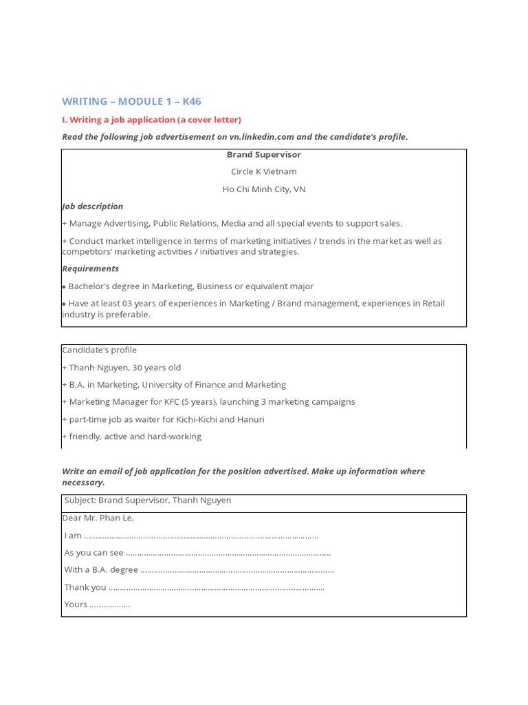 Writing - Module 1 - K46: I. Writing A Job Application (A Cover Letter ...