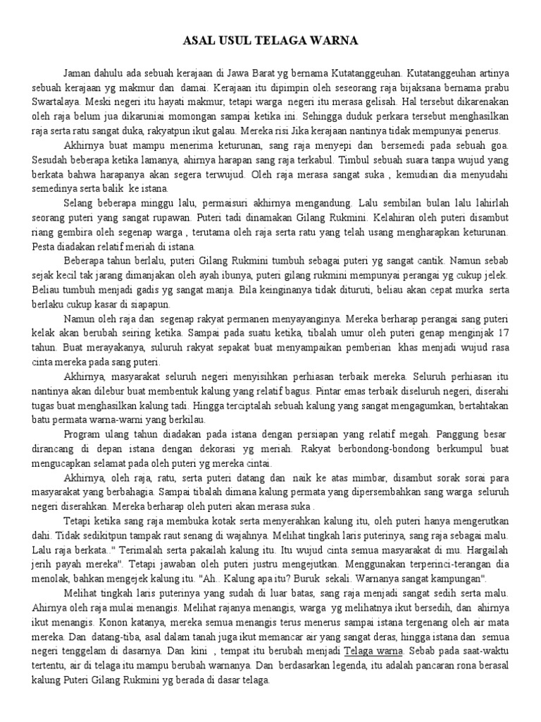 Asal Usul Telaga Warna (The Origin of The Color Lake) | PDF