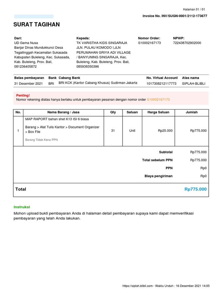 Surat Tagihan Invoice INV/SUGN-0001 | PDF