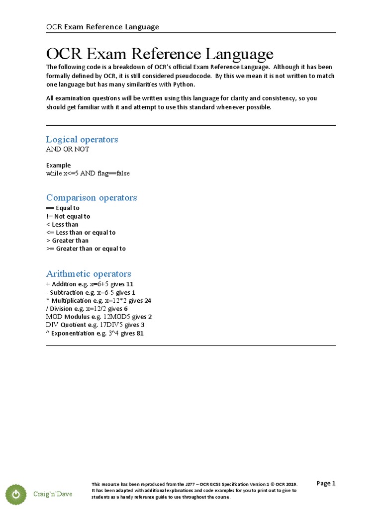 OCR Reference Language Guide Cheat Sheet | PDF | Subroutine | Variable (Computer Science)