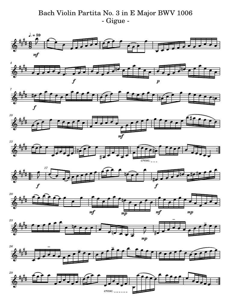 Bach Violin Partita No. 3 in E Major BWV 1006 - Gigue - : Cresc | PDF ...
