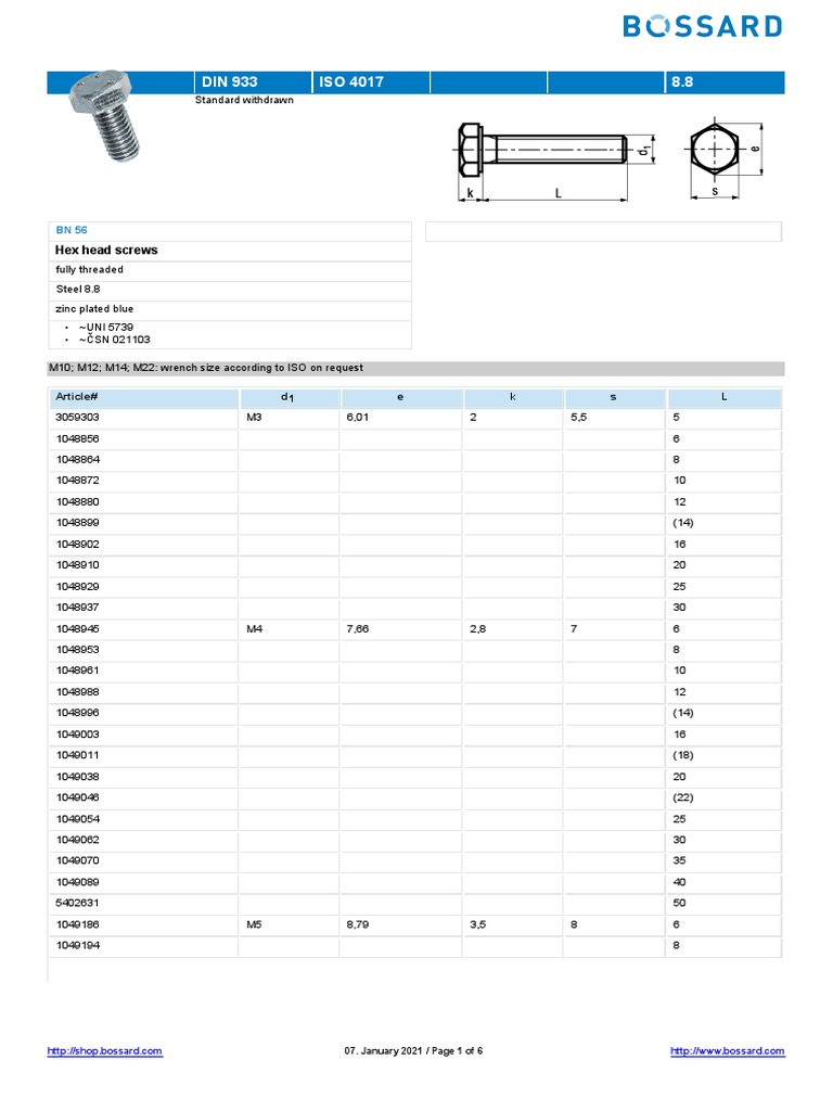 DIN 933 Hex Head Screws Specifications | PDF