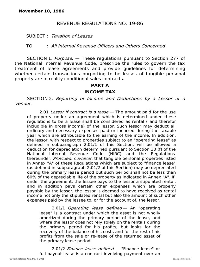 Revenue Regulations No. 19-86: Taxation of Leases All Internal Revenue ...