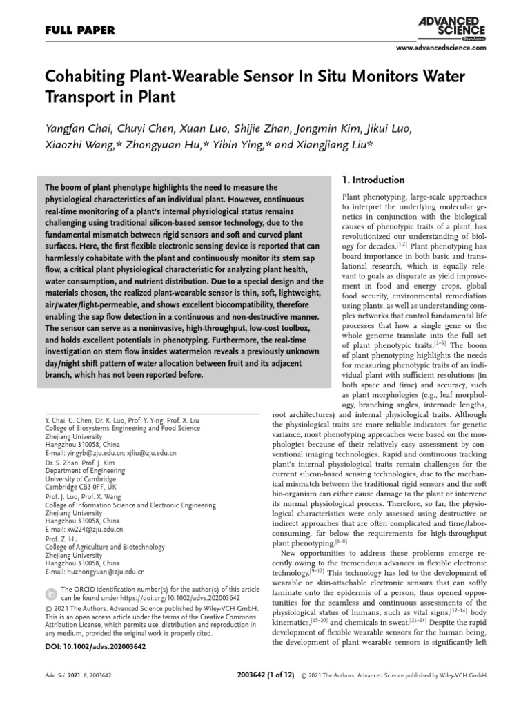 Cohabiting Plant-Wearable Sensor in Situ Monitors | PDF | Leaf | Flow ...