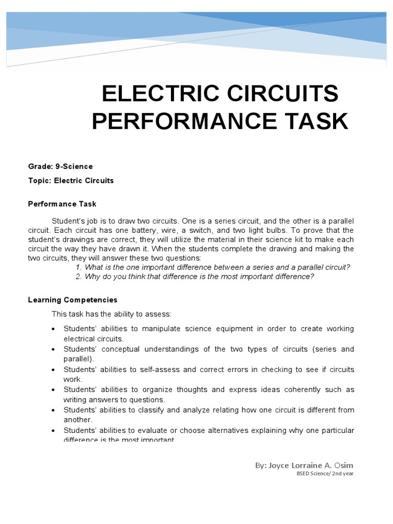 Grade: 9-Science Topic: Electric Circuits Performance Task | PDF ...