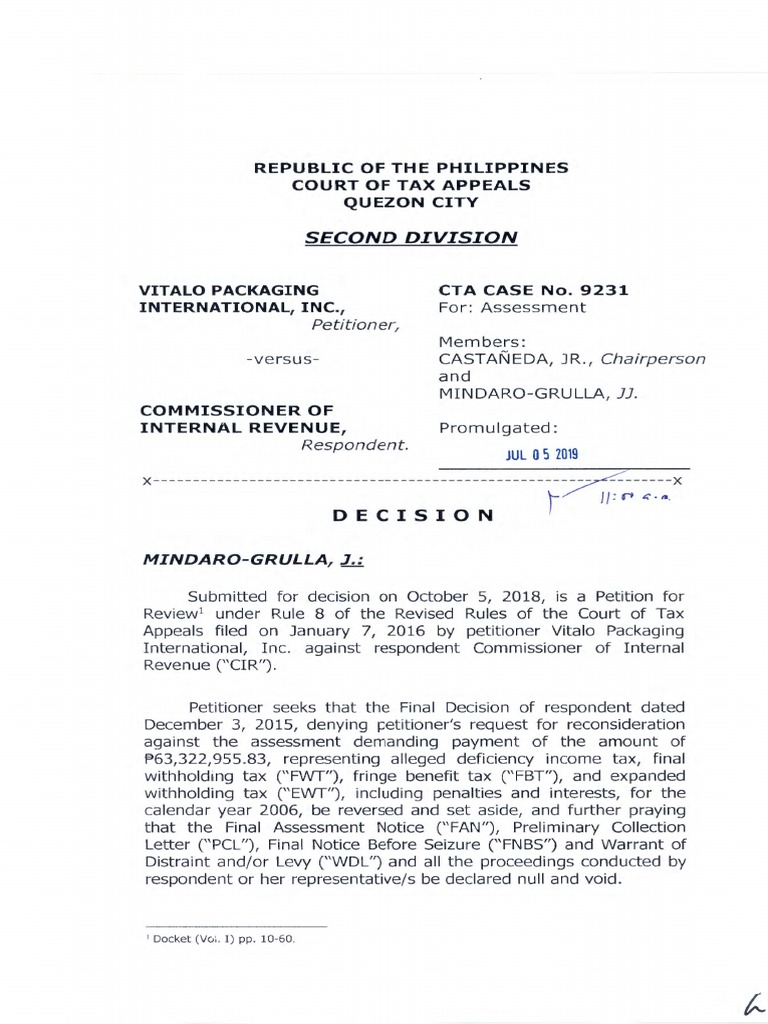 Vitalo Packaging vs. CIR Tax Assessment Case | PDF | Employment ...