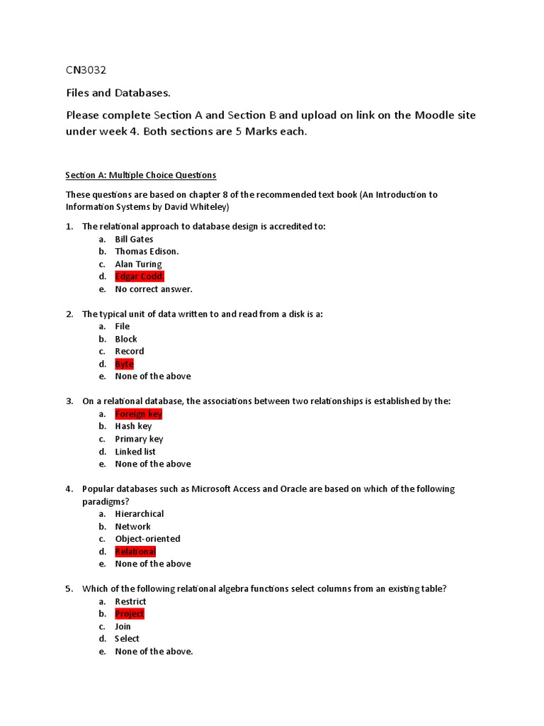 CN3032 Files and Databases Assignment: Multiple Choice Questions and Comprehension on Database ...