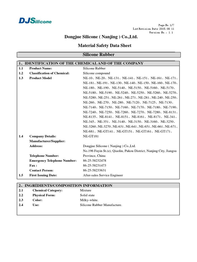 Dongjue Silicone (Nanjing) Co.,Ltd. Material Safety Data Sheet Silicone ...