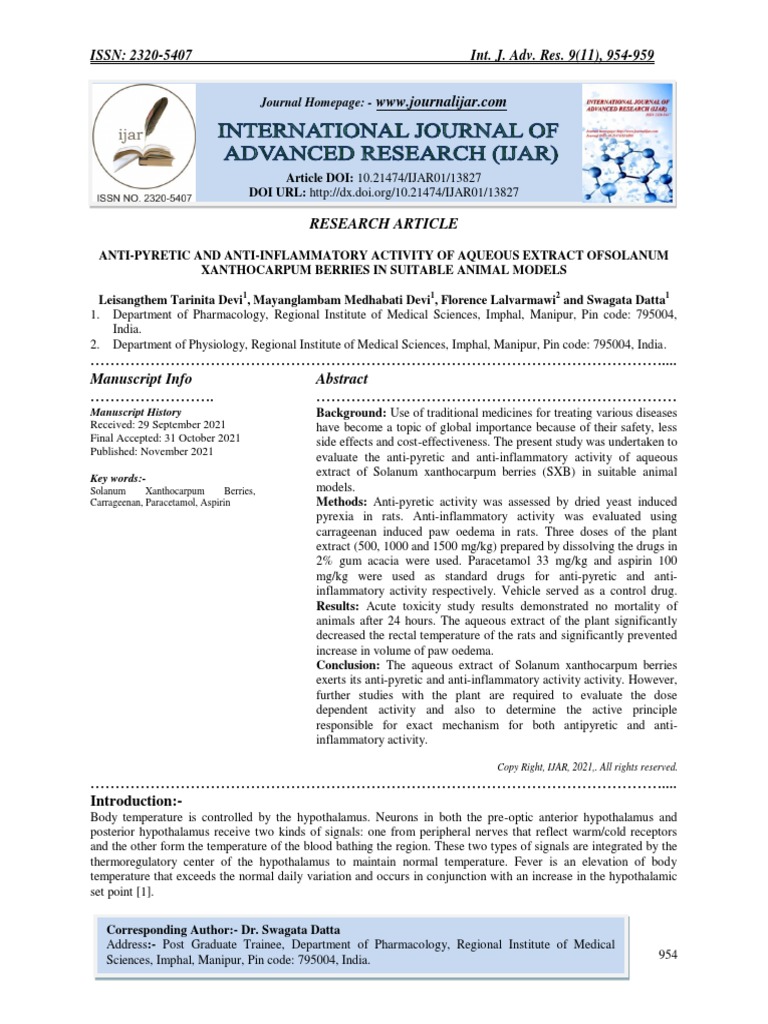 Anti-Pyretic and Anti-Inflammatory Activity of Aqueous Extract ...