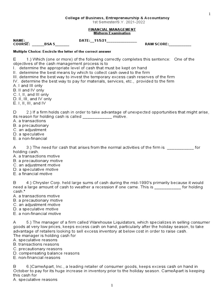 ANSWER Midterm Financial Management | PDF | Finance & Money Management ...