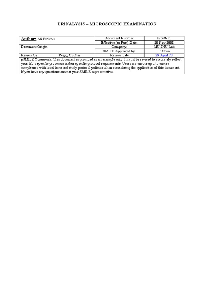 Urine Microscopy SOP | PDF | Urine | Microscopy