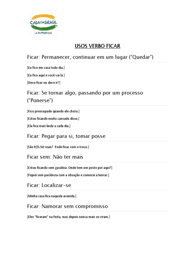 Usos Verbo Ficar Ou Estar | PDF