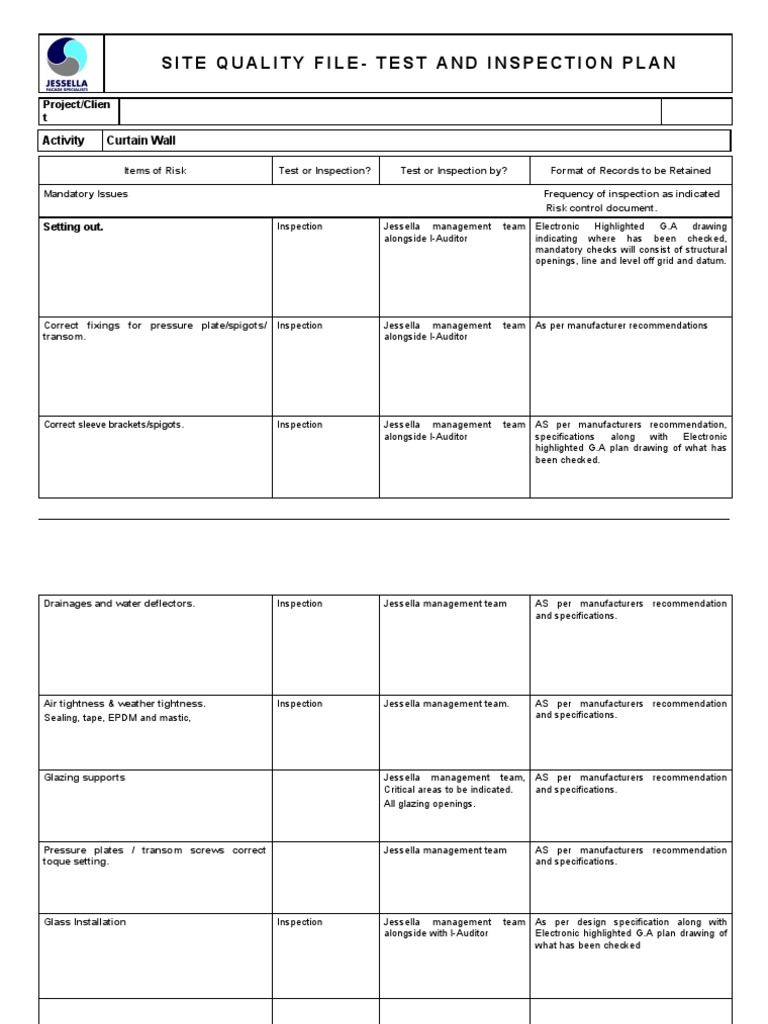Site Quality File-Test and Inspection Plan: Activity Curtain Wall | PDF ...