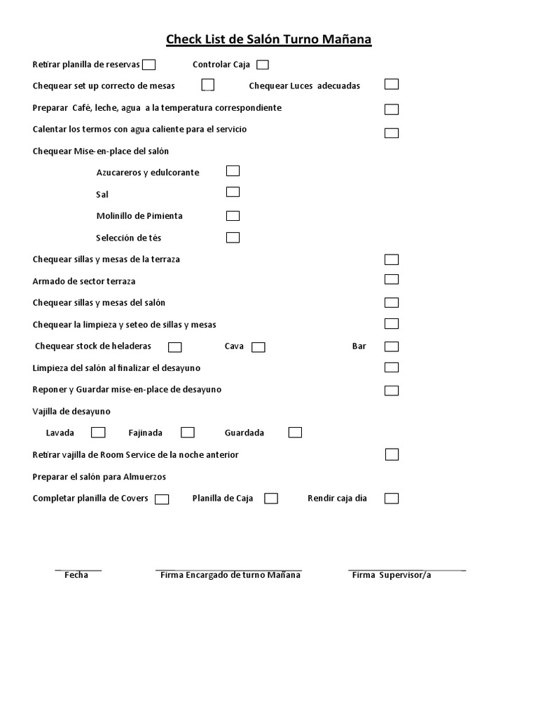 Check List Turno Mañana | PDF
