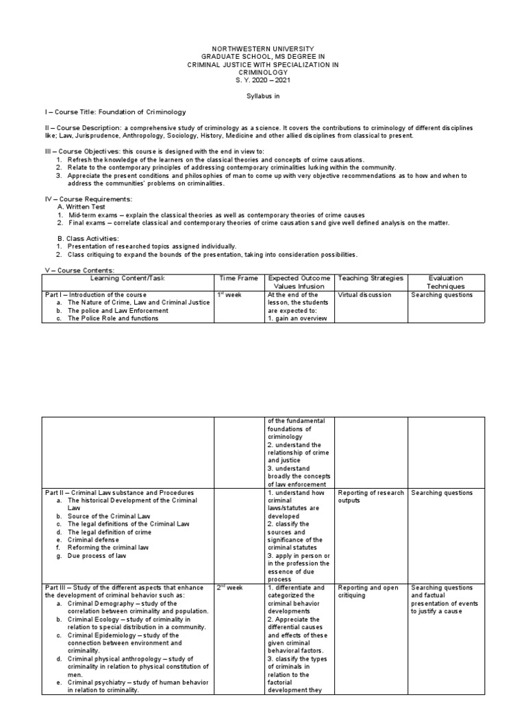Foundation of Criminology Syllabus | PDF | Crimes | Crime & Violence