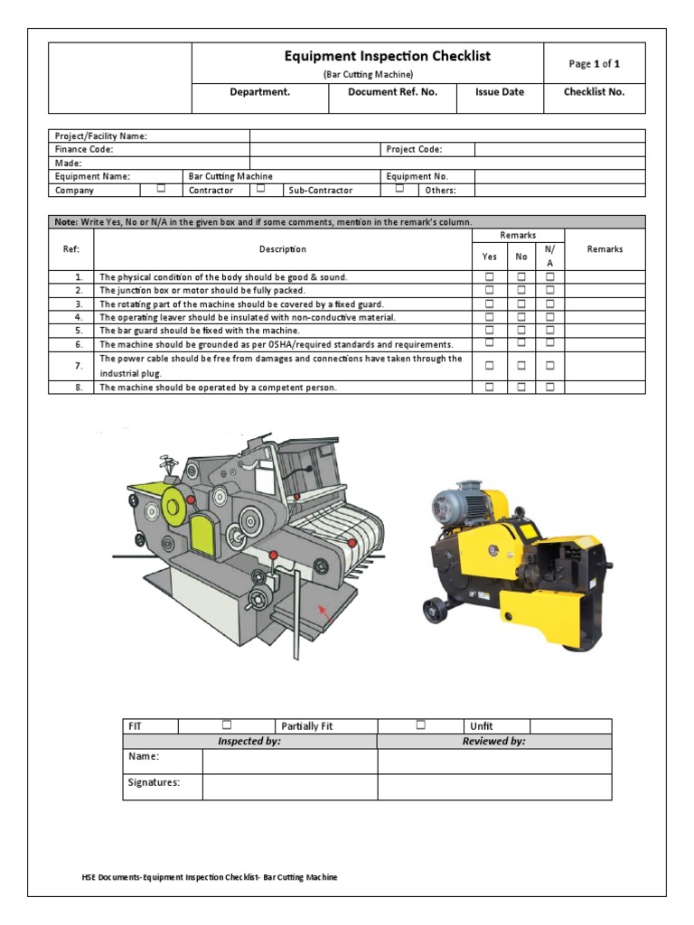 Bar Cutting Machine Inspection Checklist | PDF | Equipment | Electrical ...
