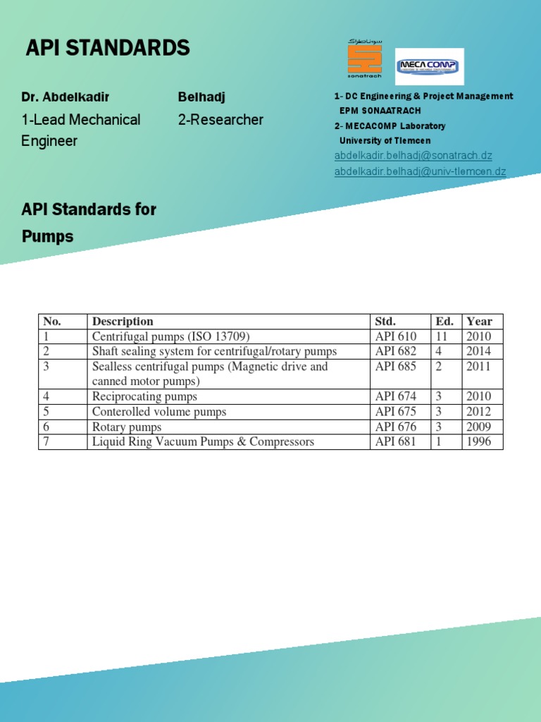 API STANDARDS BY Dr. ABDELKADER BELHADJ | PDF | Pump | Gas Technologies