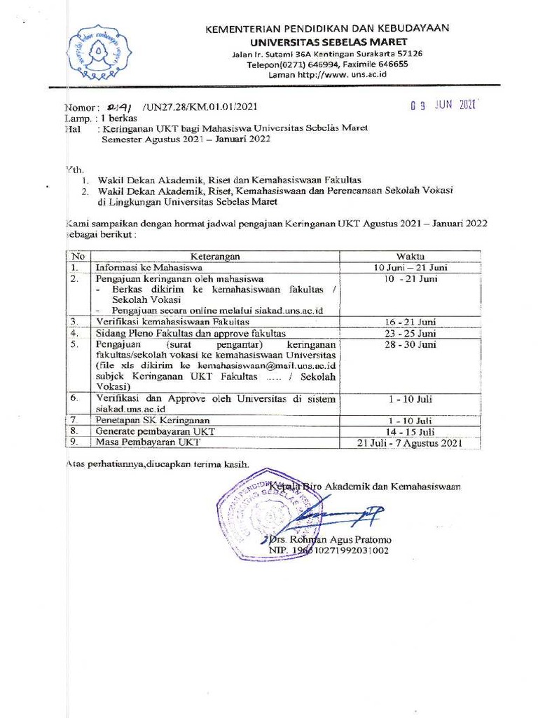 SK No 2141 Surat Keringanan UKT Bagi Mahasiswa UNS | PDF