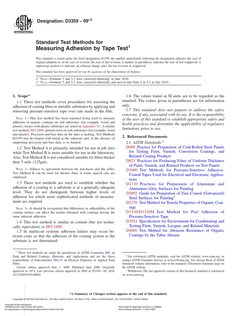 ASTM-D-3359 Tape Adhesive Test | PDF | Adhesion | Coating