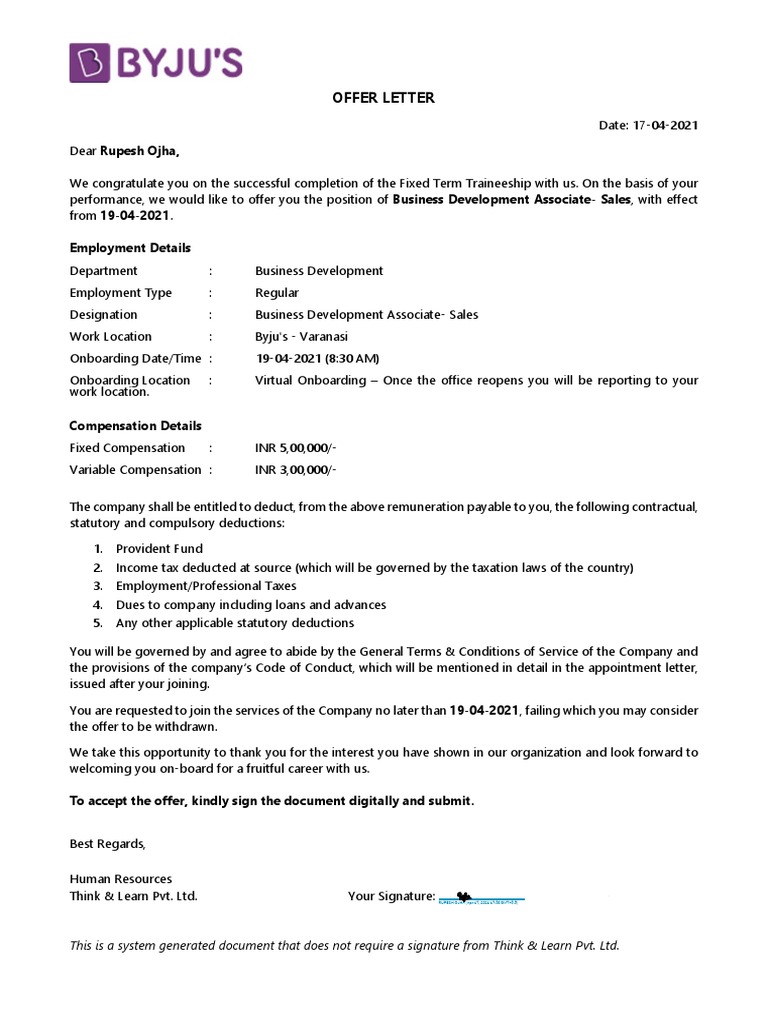 Byju's - Offer Letter - TNL71850255 | PDF