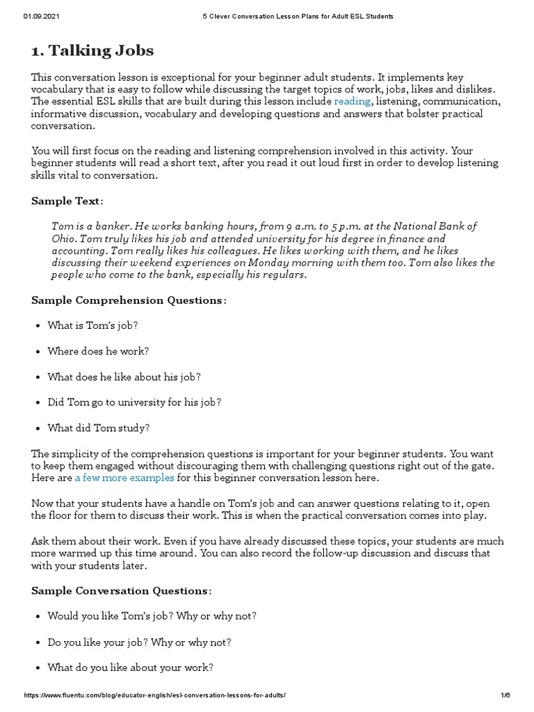ESL Conversation Lesson Plans for Adults | PDF | Reading Comprehension ...