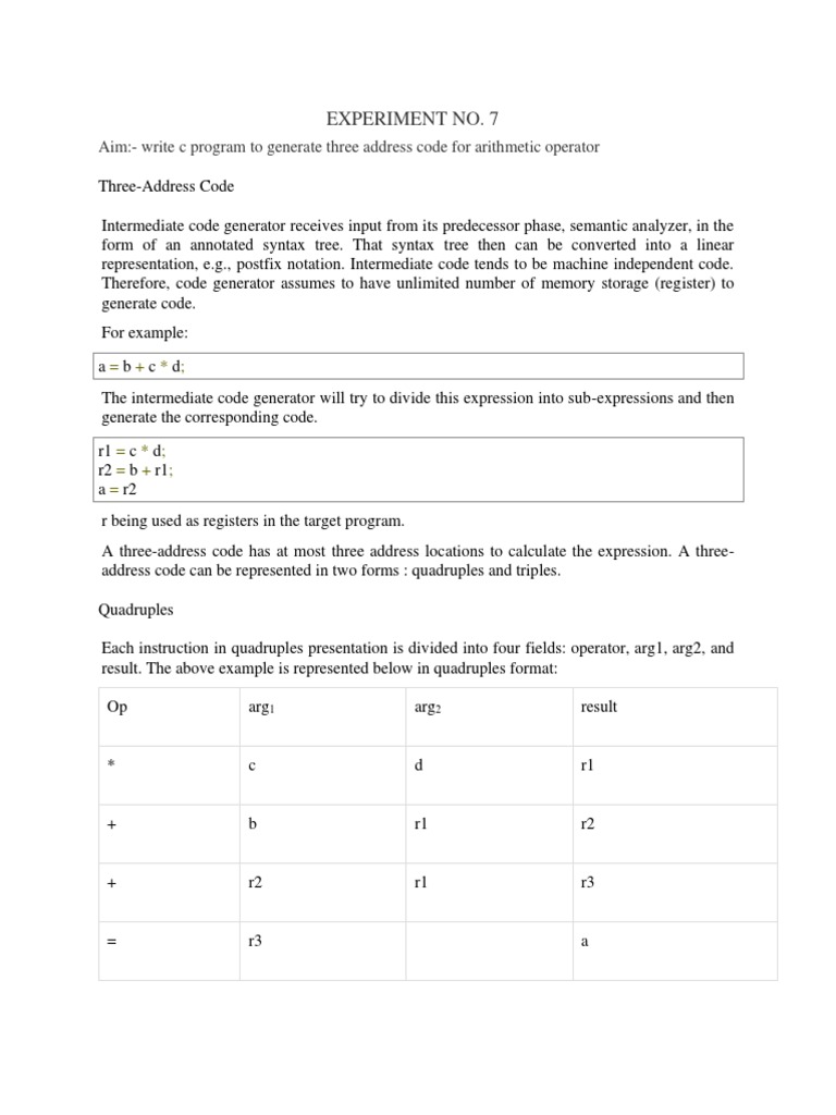 Experiment No 7 Aim Write C Program To Generate Three Address Code For Arithmetic Operator 