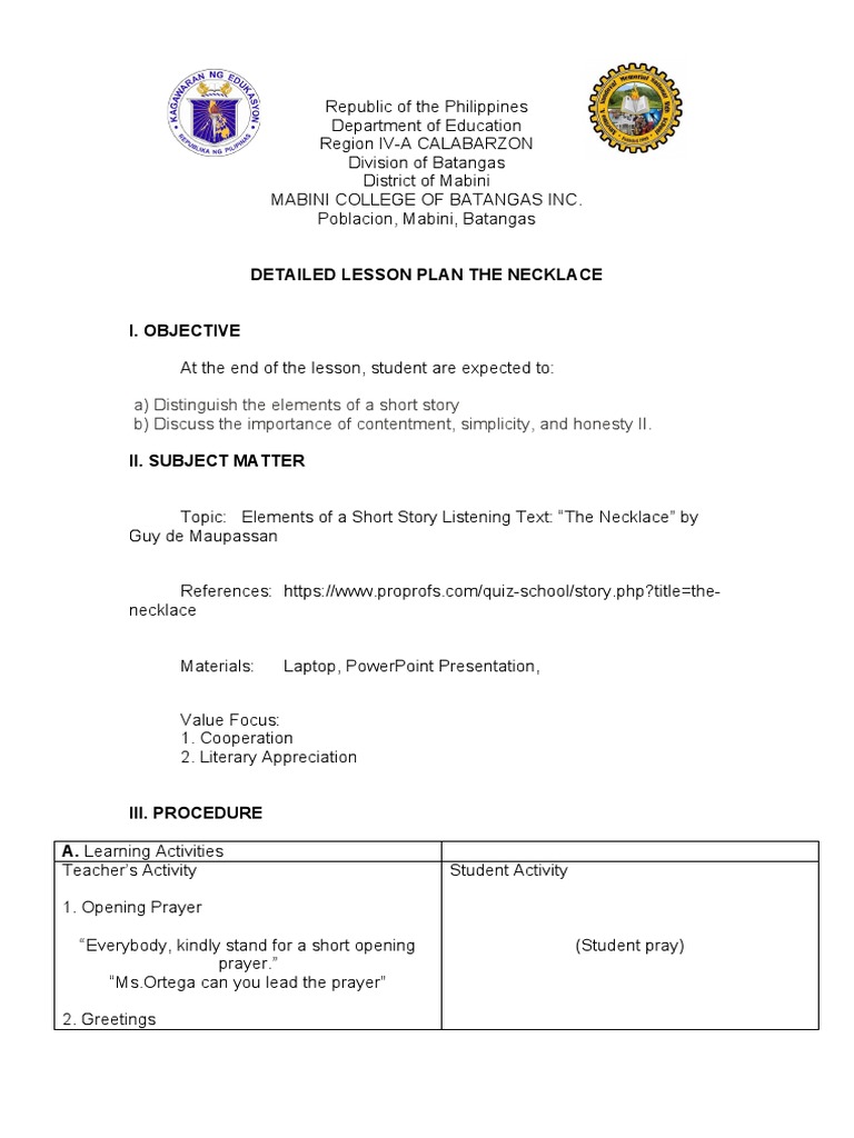 The Necklace Detailed Lesson Plan | PDF