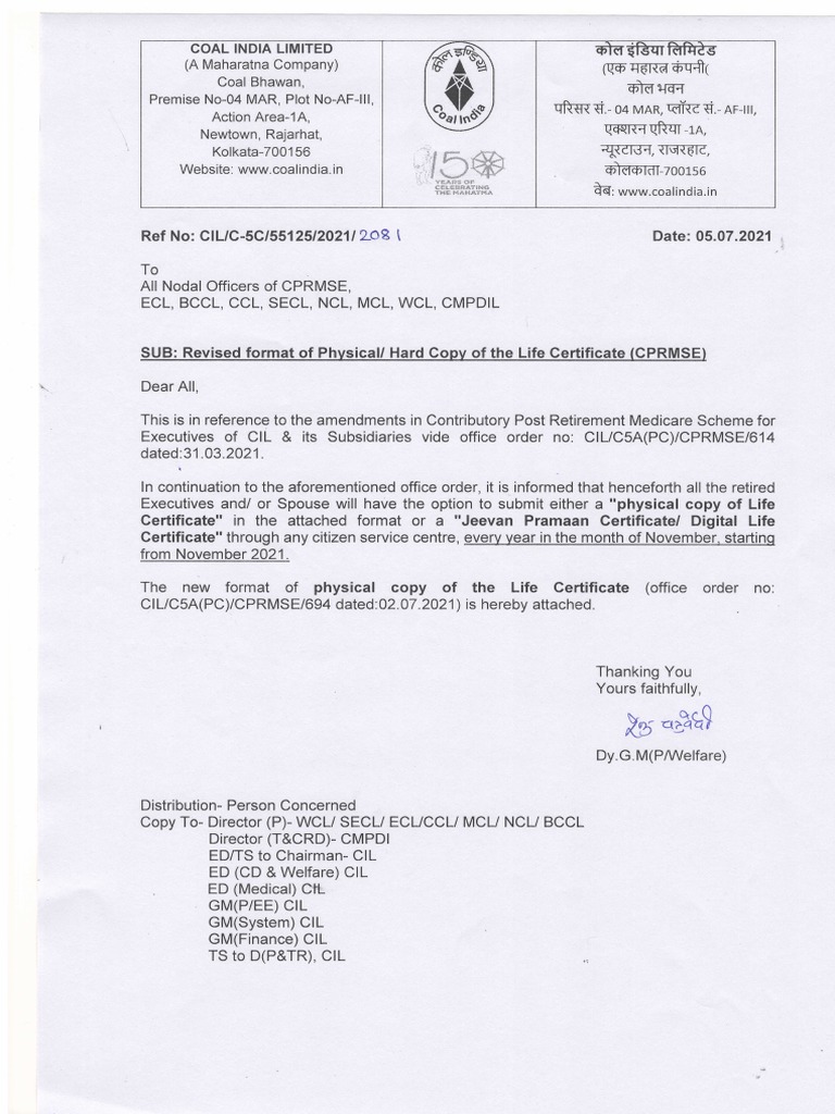 Revised Format of Physical-Life Certificate | PDF | Coal Mining | Policy