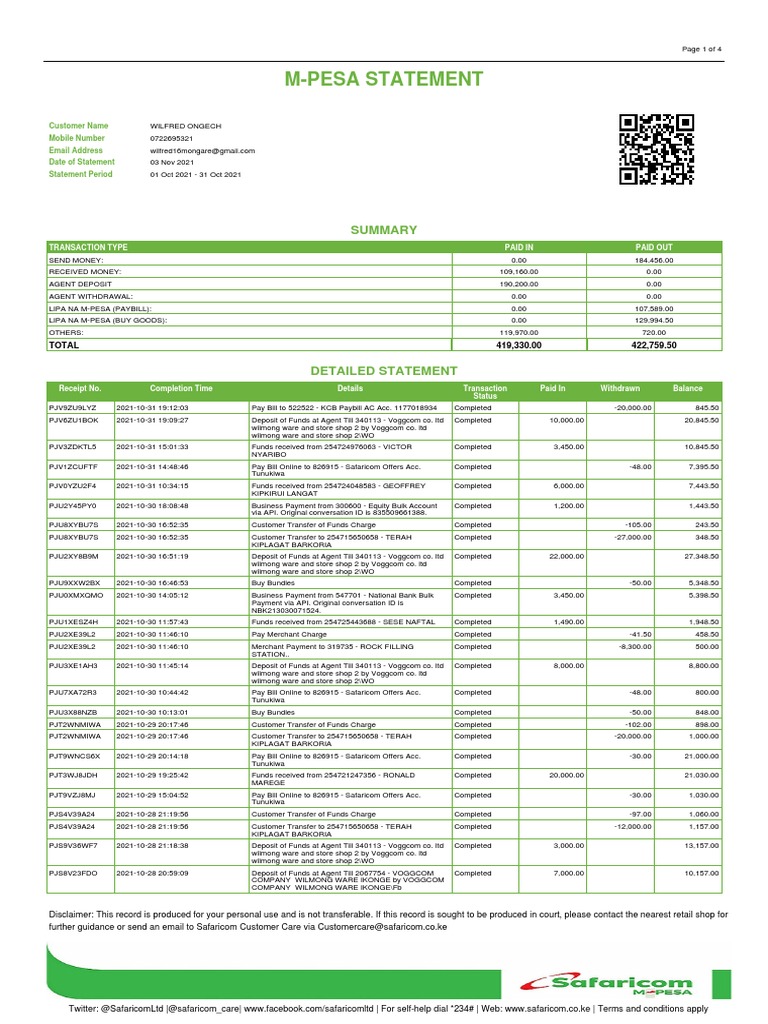 M-Pesa Statement: Customer Name Mobile Number Email Address Date of ...