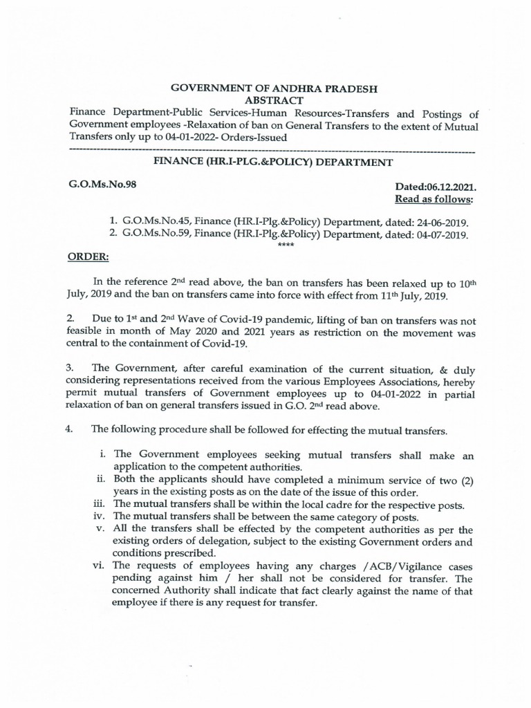 GO MS 98 Mutual Transfers | PDF