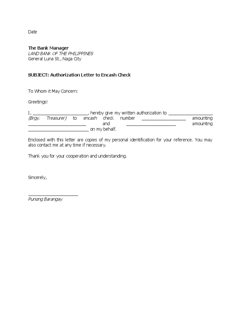 Authorization Letter for Check Encashment | PDF