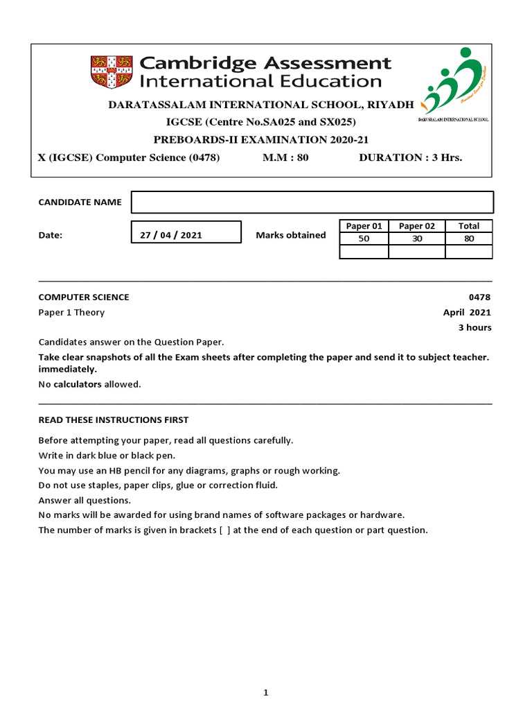 Computer Science Grade X IG Pre-Board-2 Examinatin 2020-21 | Download Free PDF | Data Type ...