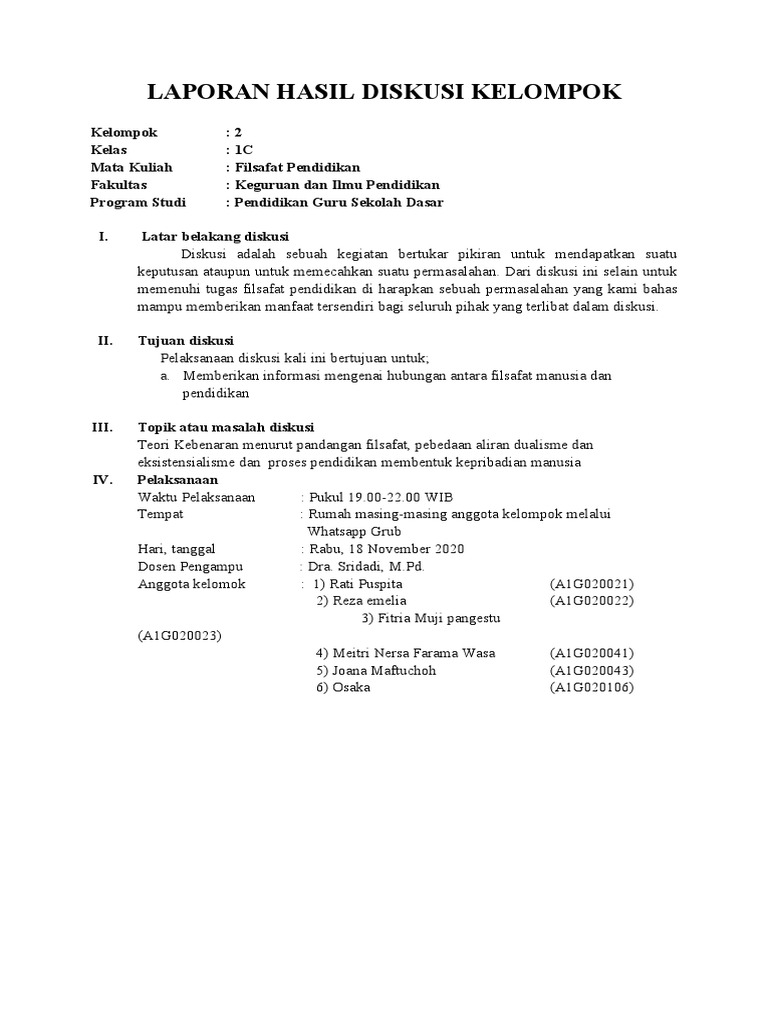 Laporan Hasil Diskusi Kelompok 2 PGSD 1C | PDF