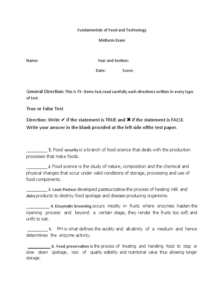 Fundamentals of Food and Technology - Midterm Exam | PDF | Foods | Milk