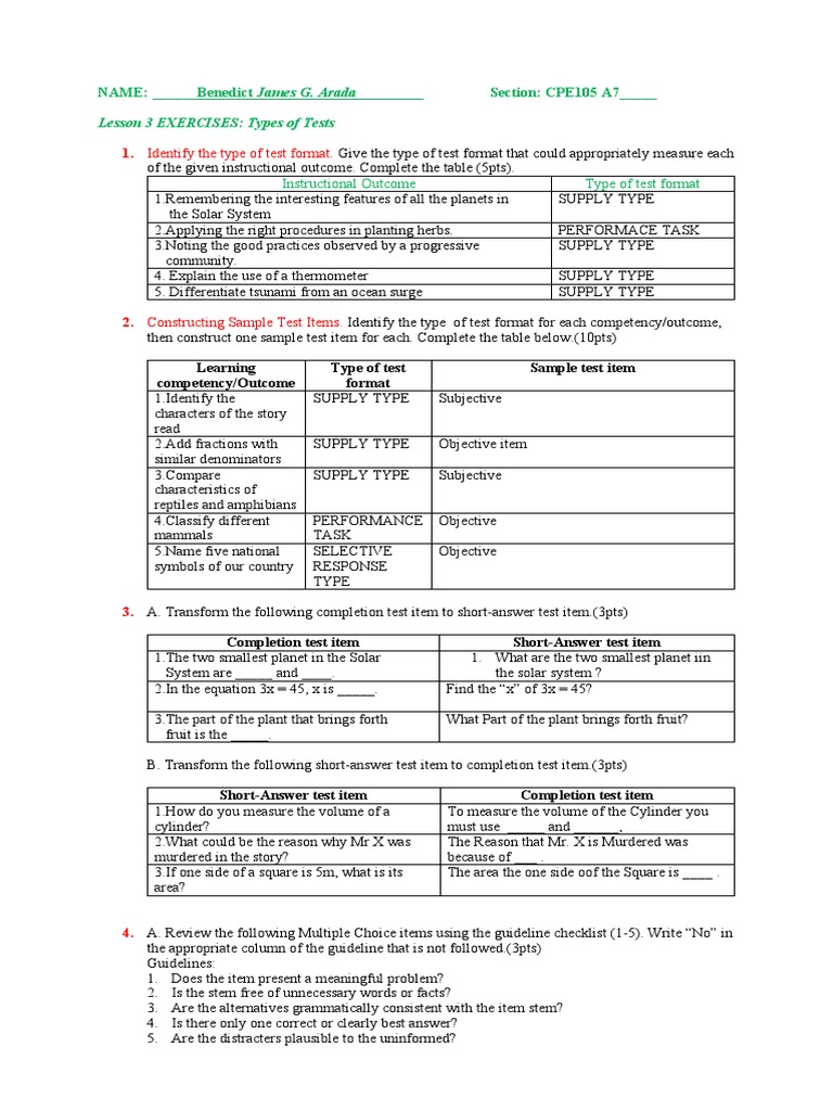 Types of Tests Formats and Sample Items | PDF | Multiple Choice | Volcano