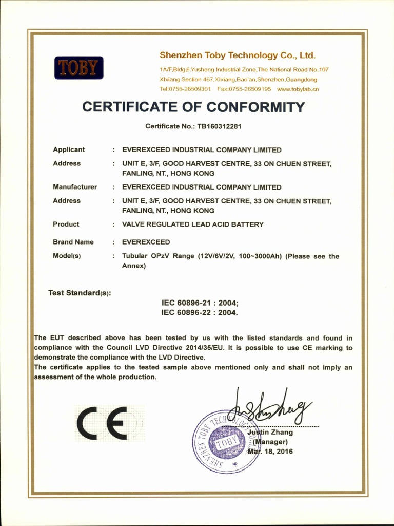 IEC 60896-21,22 Certificate For Lead Acid Battery | PDF